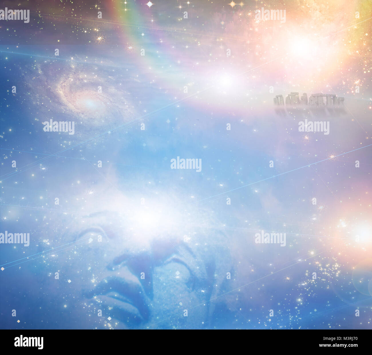 Stonehenge and statue face in vivid universe Stock Photo - Alamy