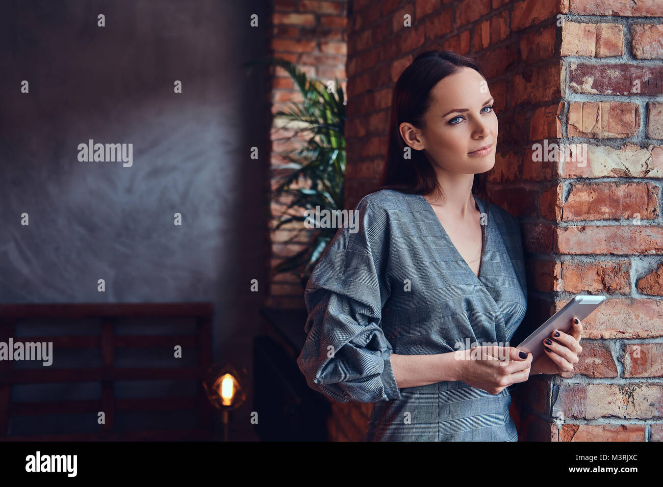 An attractive brunette woman in a room with loft interior Stock Photo ...