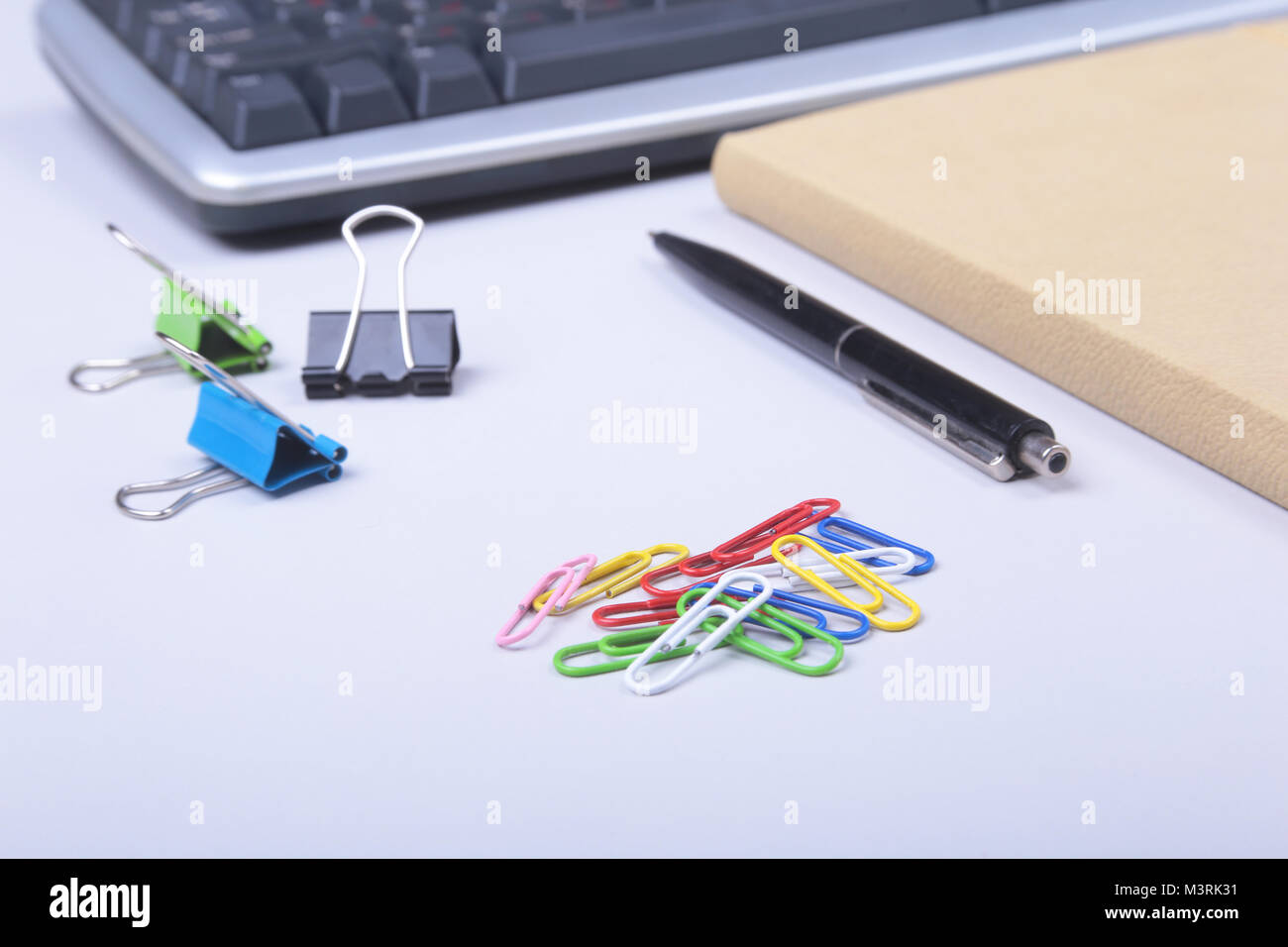 office supplies and gadgets on desk. Top View Stock Photo - Alamy