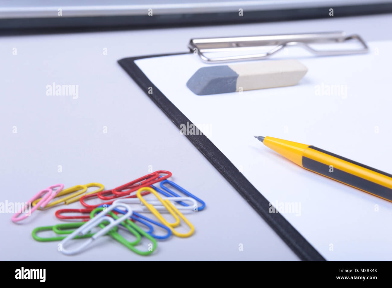 office supplies and gadgets on desk. Top View Stock Photo - Alamy