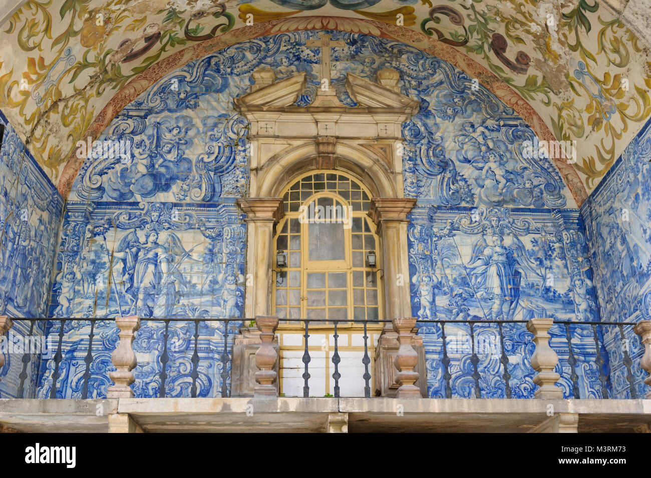A balcony decorated with blue ceramic tiles, Obidos, Portugal Stock ...