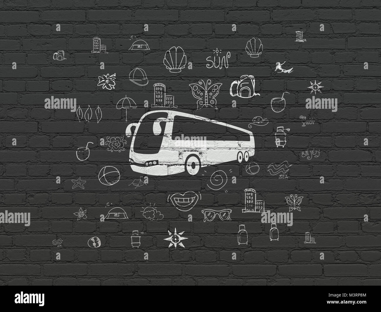 Vacation concept: Bus on wall background Stock Photo - Alamy
