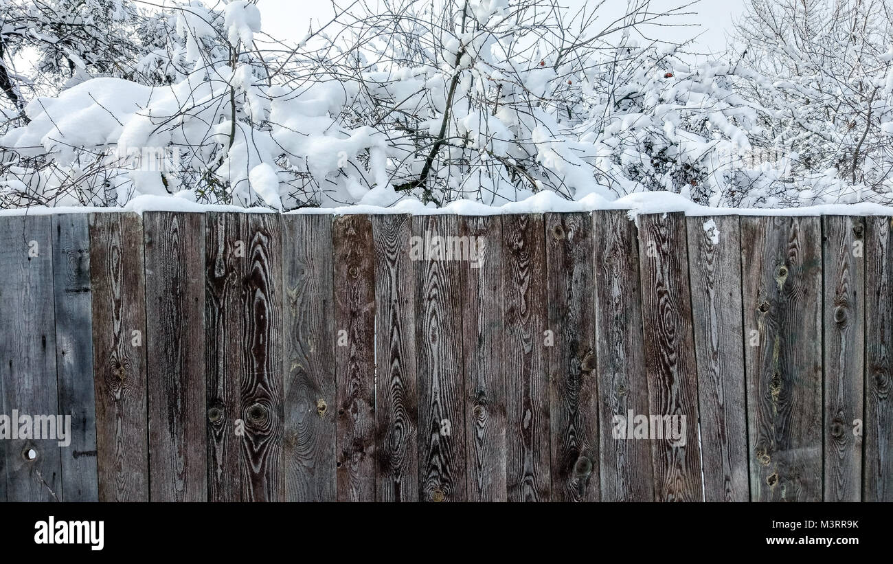 Fence of wood in the city in winter in nature. Planks covered with snow ...