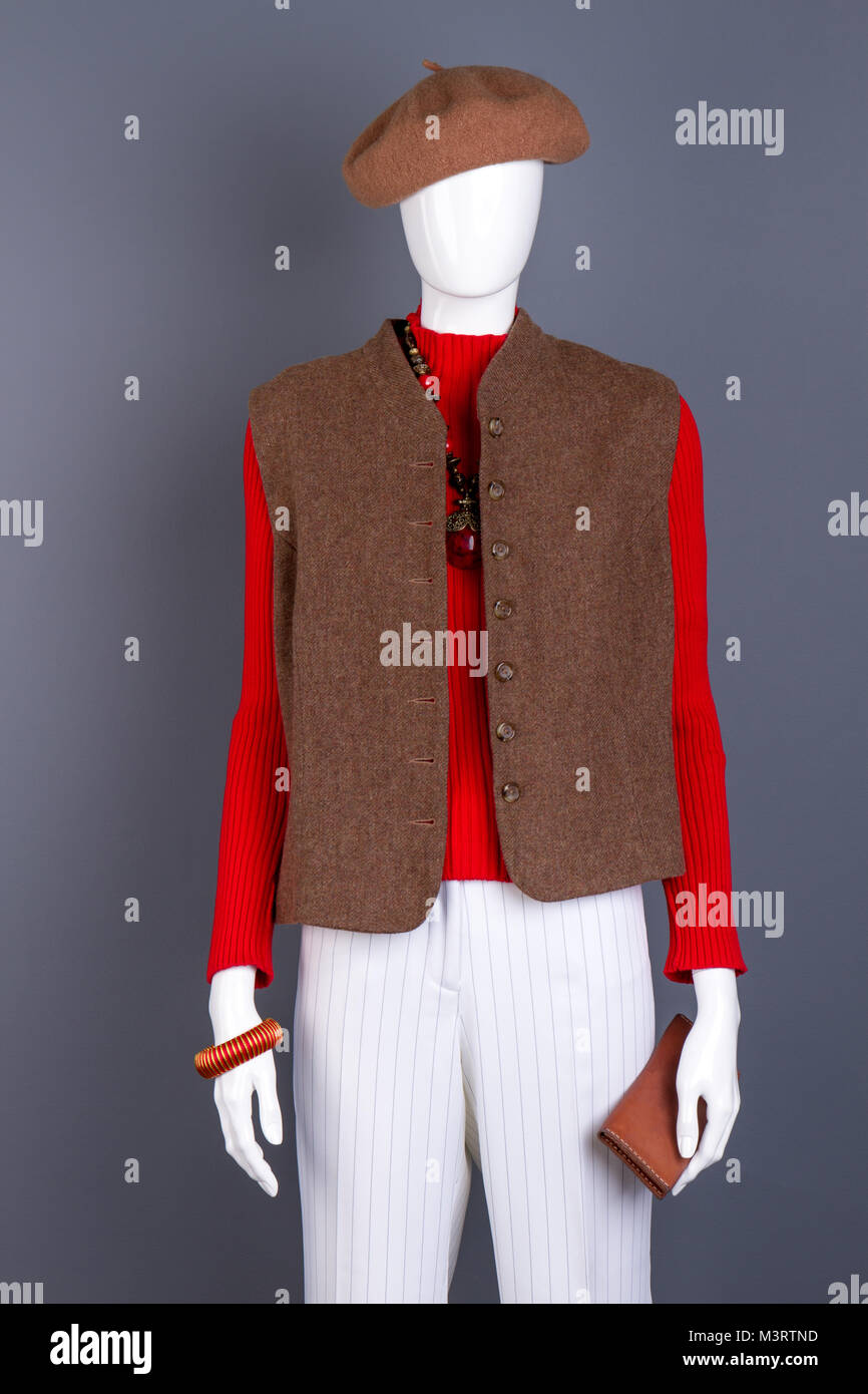 Red sweater and brown waistcoat Stock Photo - Alamy