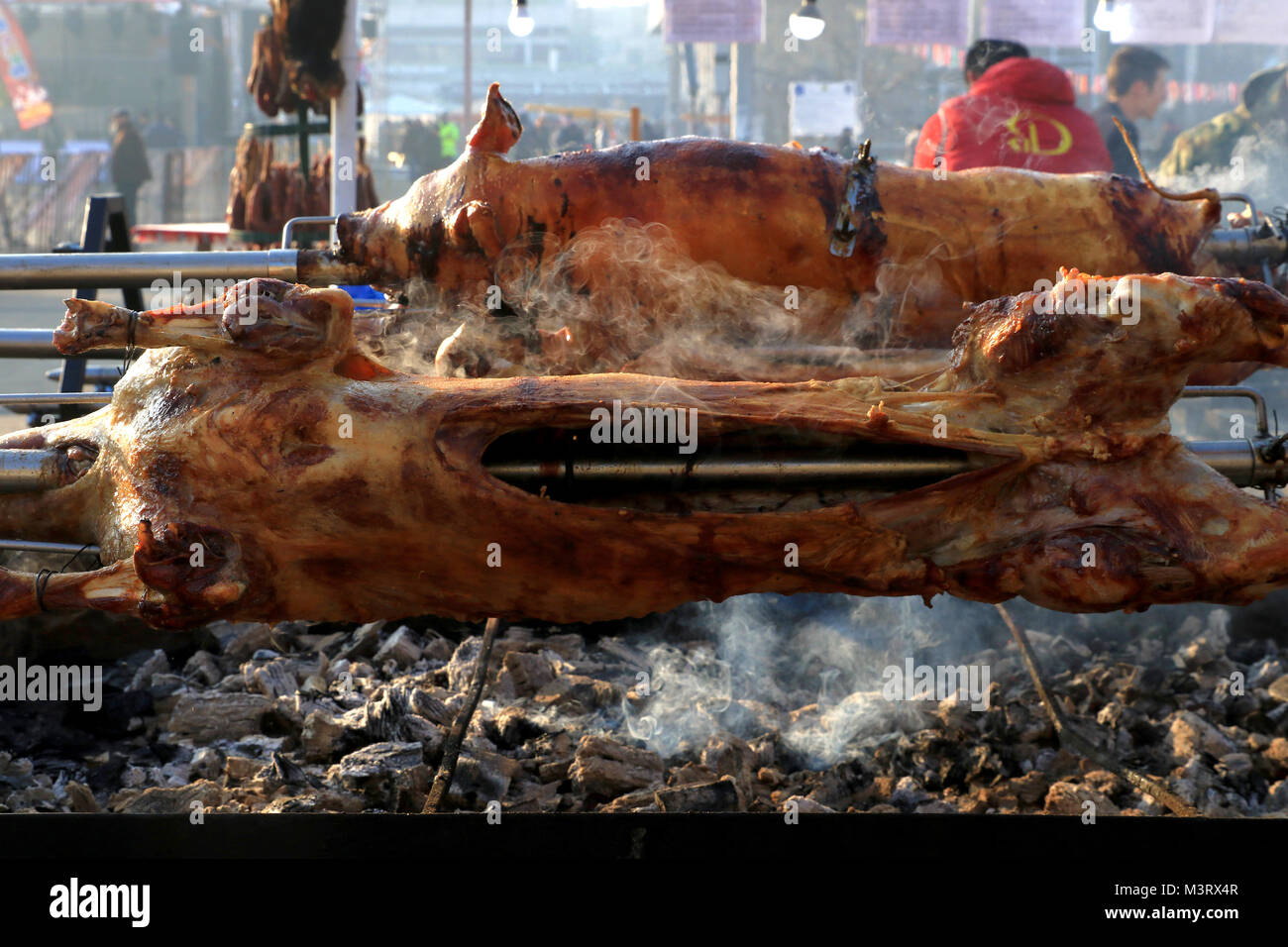 Traditional Bulgarian roasting lamb and pork barbecue. It is roasted ...
