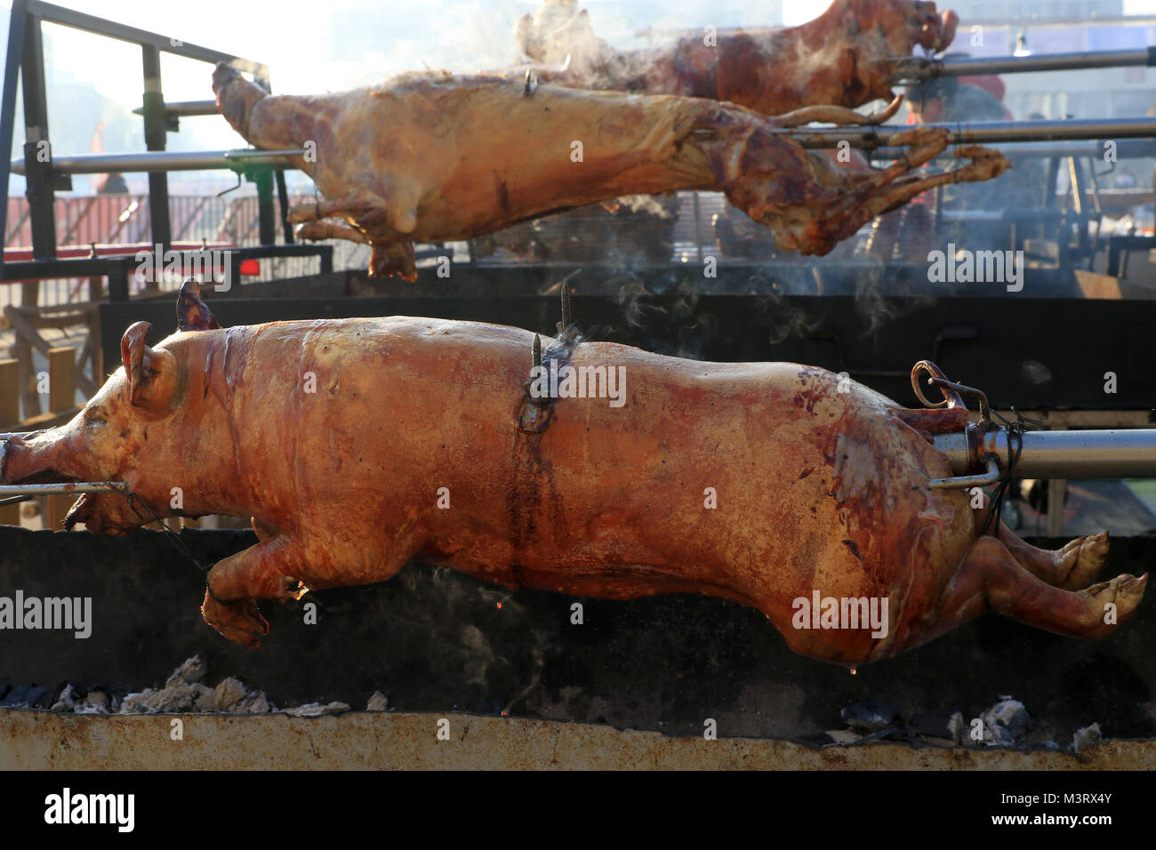 Traditional Bulgarian roasting lamb and pork barbecue. It is roasted ...