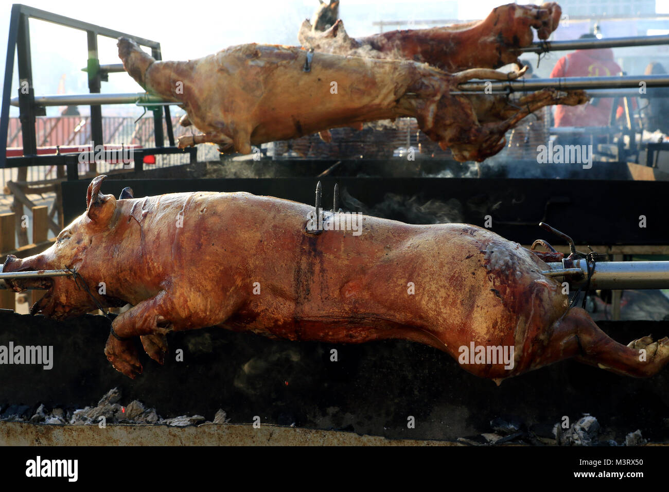 Traditional Bulgarian roasting lamb and pork barbecue. It is roasted ...