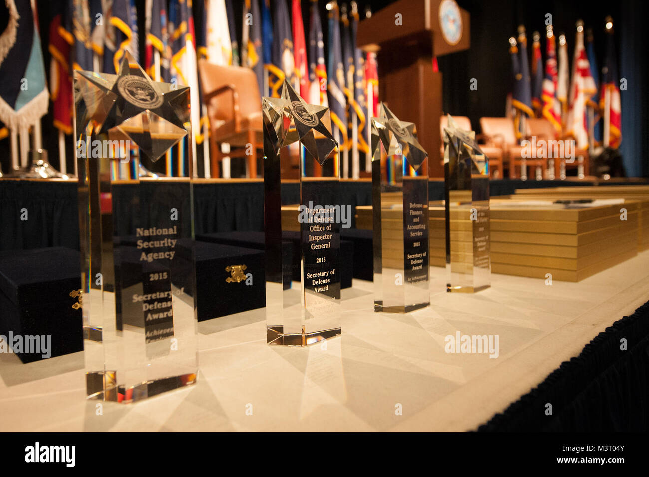 Awards sit in front of stage prior to the 35th Annual Department of ...