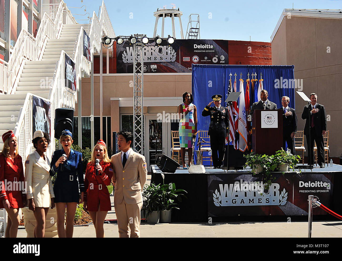 First Lady Michelle Obama, back center, and U.S. Army Gen. Martin E ...