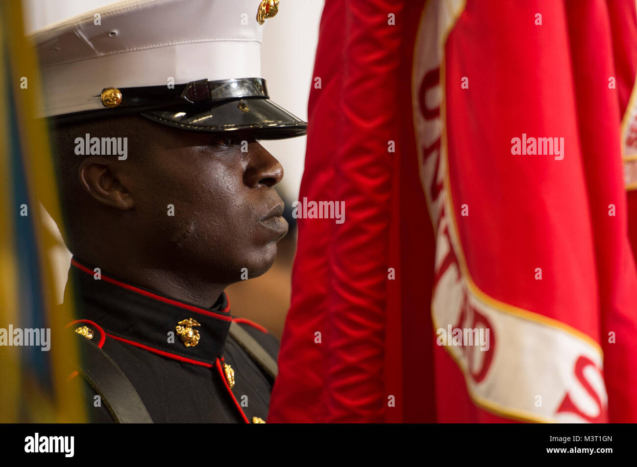 A Marine carries the U.S. Marine Corps flag during the change of ...