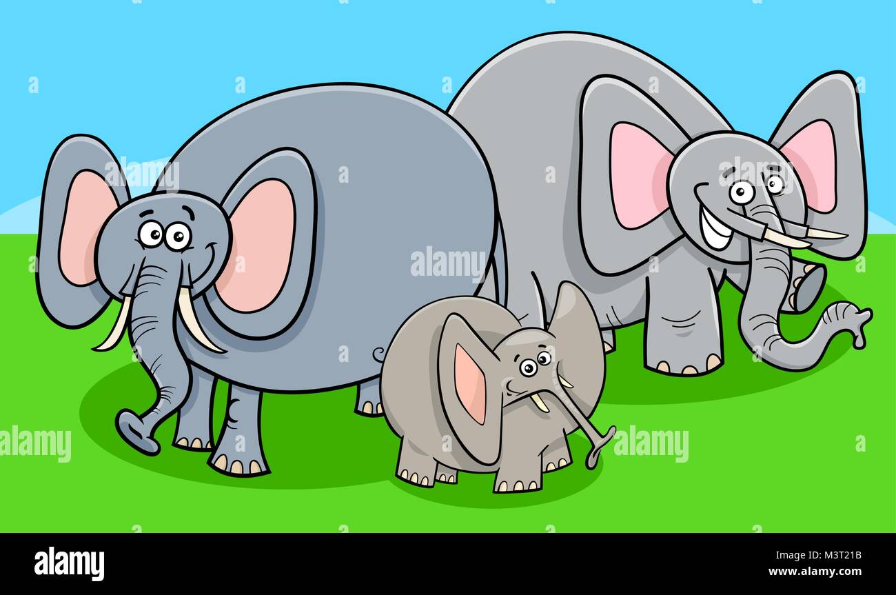Cartoon Illustration of Cute Funny Elephants Animal Characters Group or ...