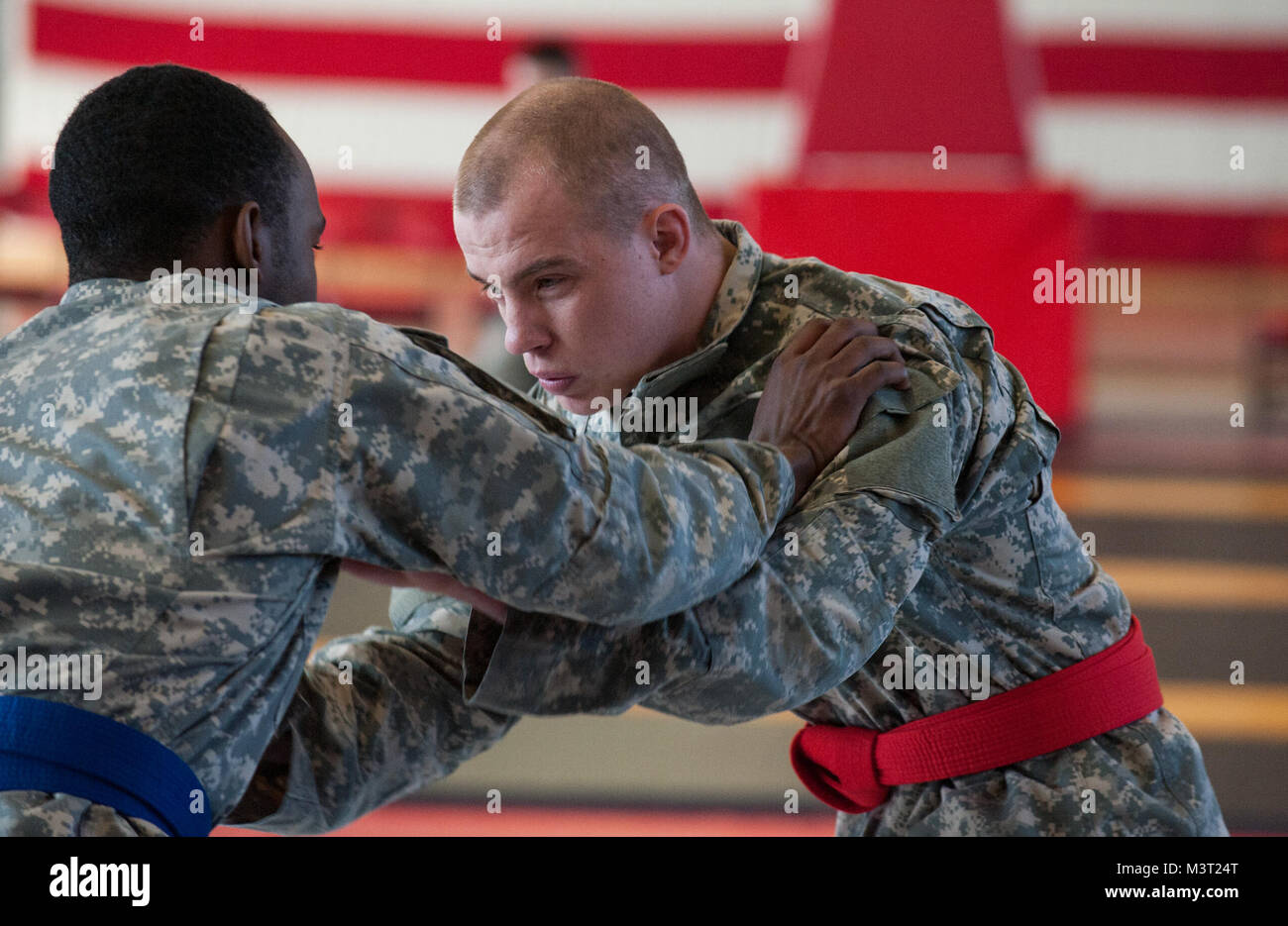 U.S. Army Specialist Eric Hartley (right) grapples with an opponent ...