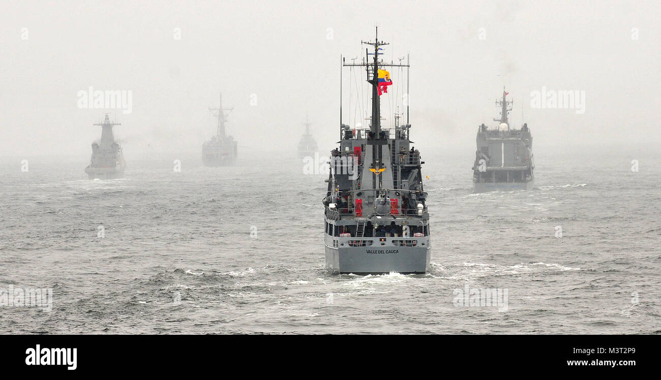 The Colombian frigate Valle de Cauca (FM 44) steams in formation with ...