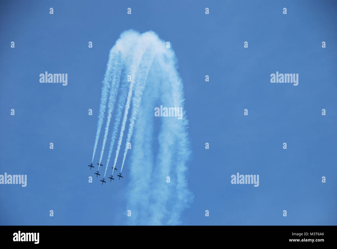 at a flight show a formation of aircraft make a looping Stock Photo - Alamy