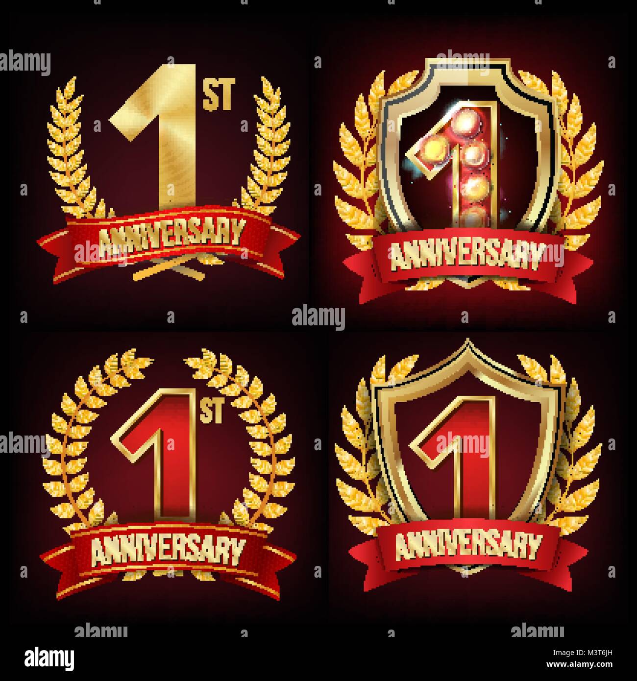 1 Year Anniversary Banner Vector. One, First Celebration. Shining Gold ...