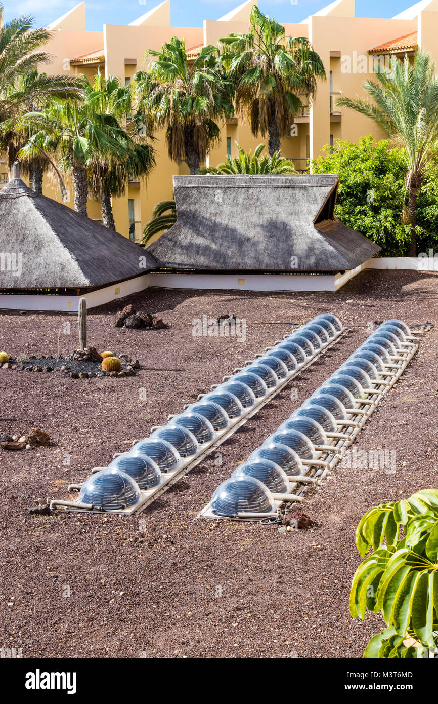 A hot water solar array system on a hotel in Fuerteventura Stock Photo ...
