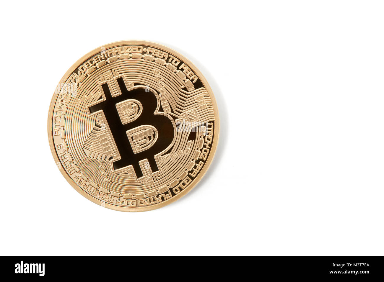 Bitcoin, single golden coin isolated on white with blank space ...