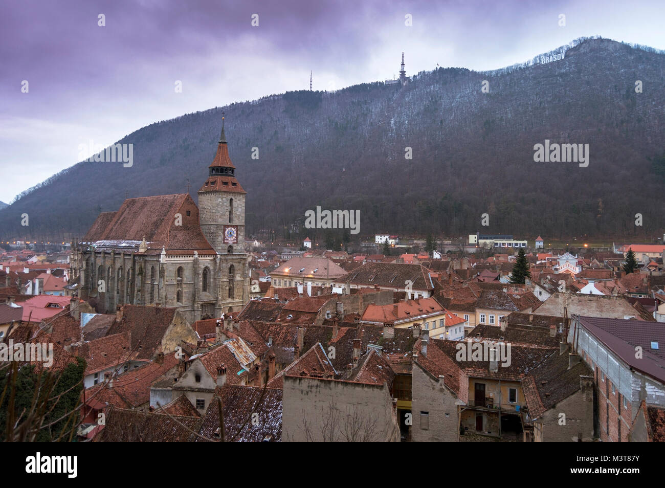 Panoramic over medieval architecture of Brasov town from Transylvania ...