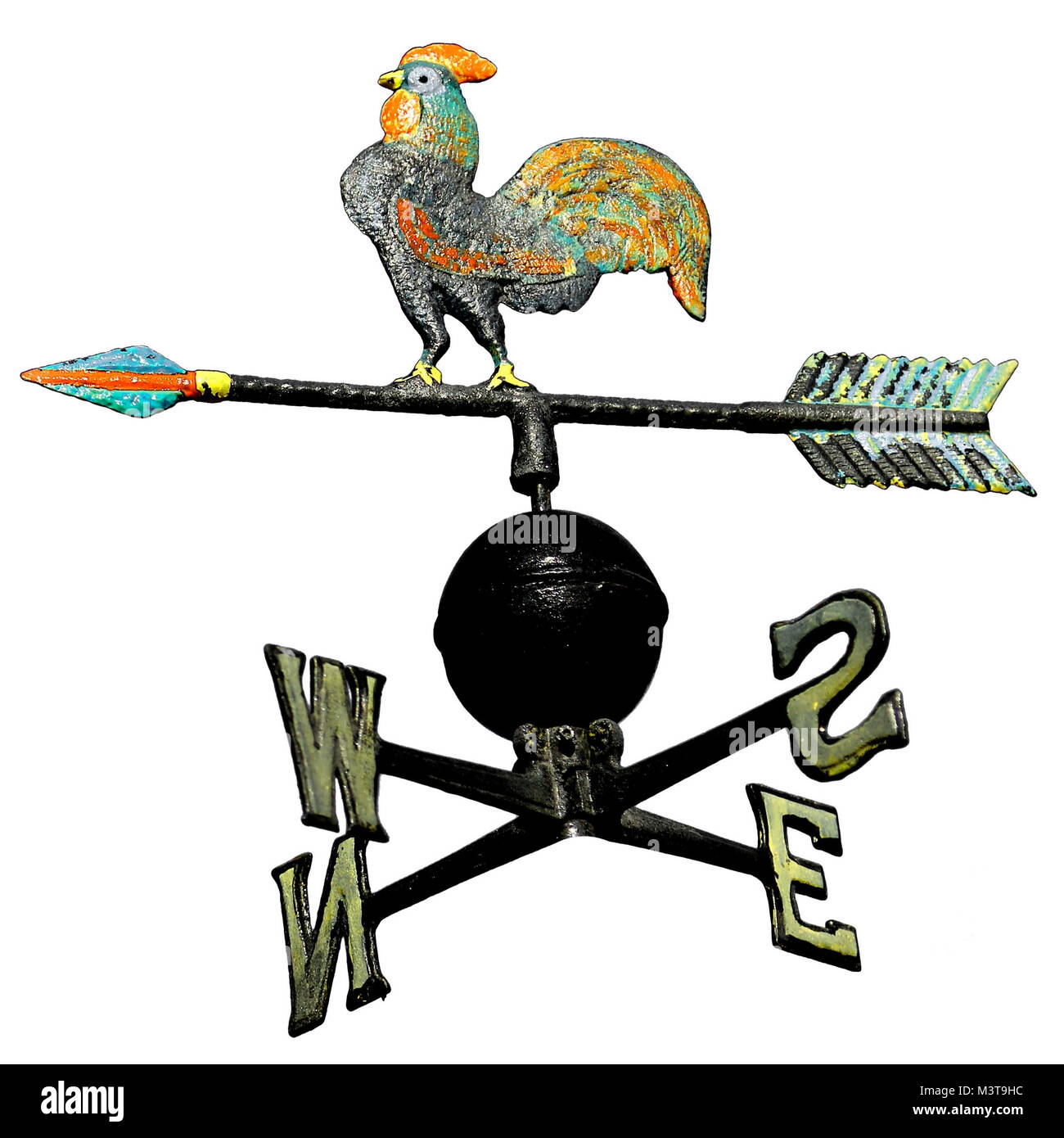 ancient weathervane with cock above an arrow and the cardinal points ...