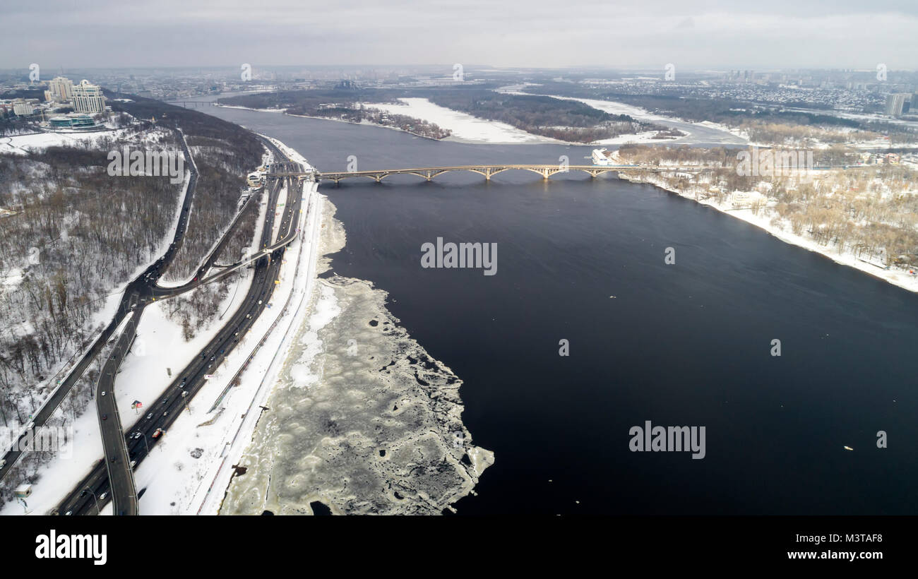 Aerial view of the Kiev city, Ukraine. Dnieper river with bridges Stock ...