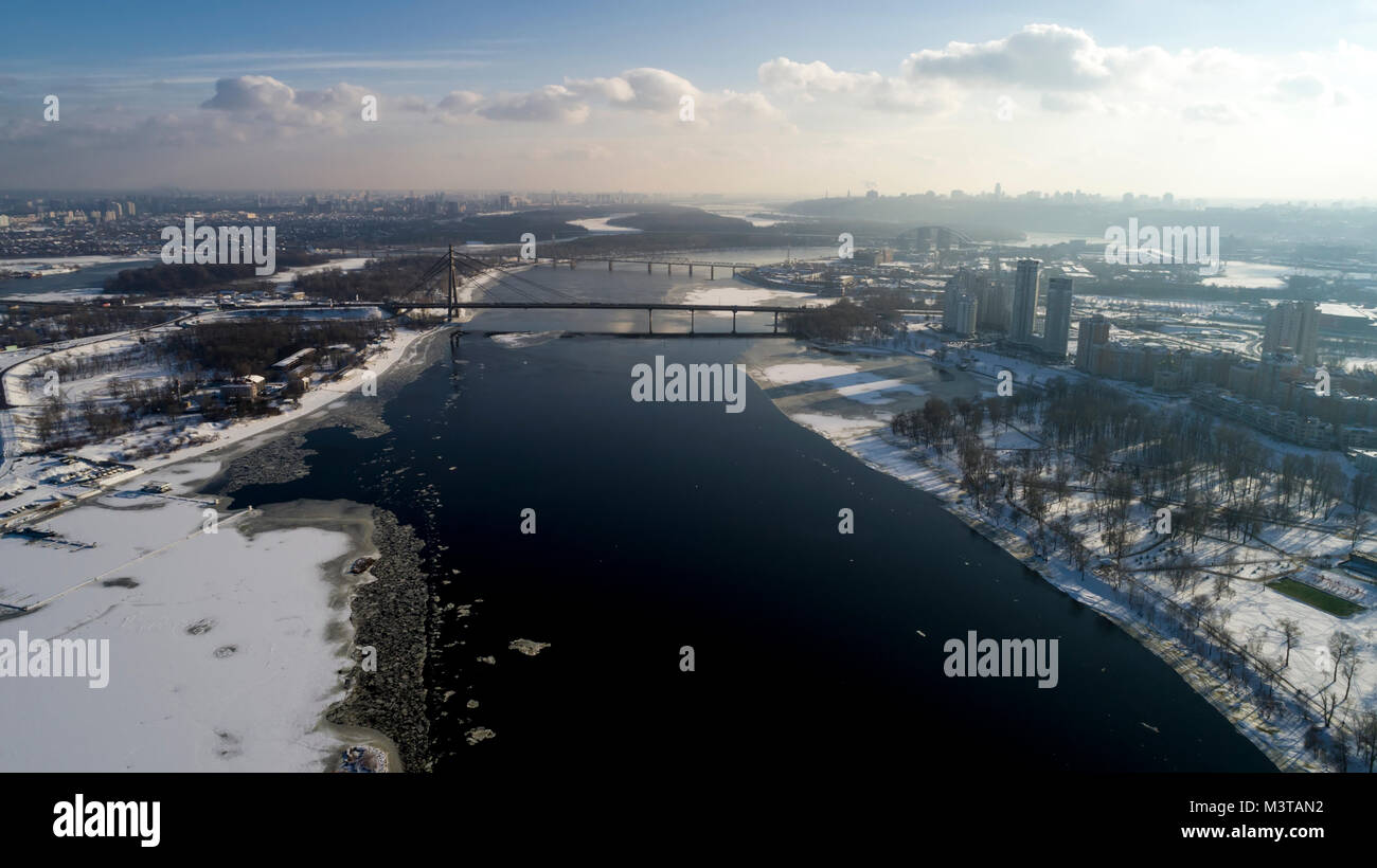 Landscape with suspension Moscow Bridge across the Dnieper river ...