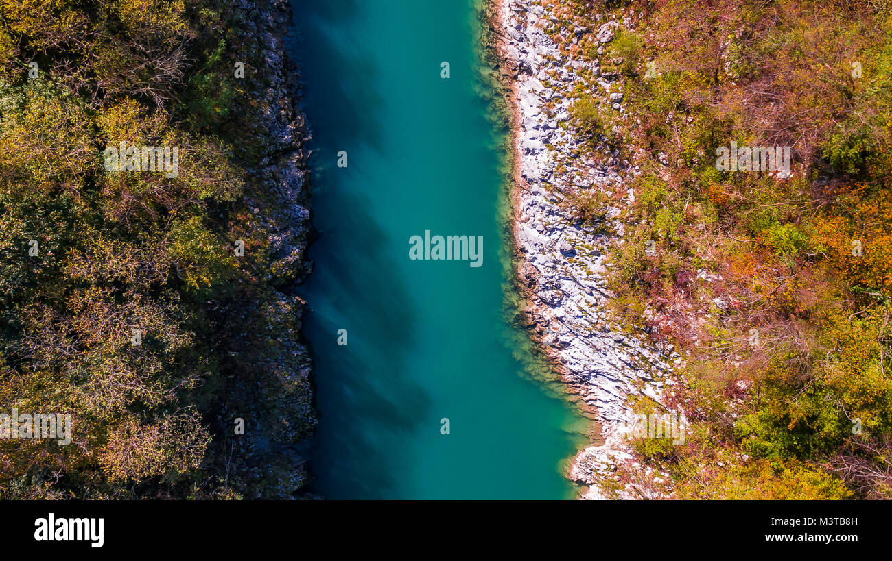 Aerial Drone view of Soca - Isonzo river in the Triglav National Park ...