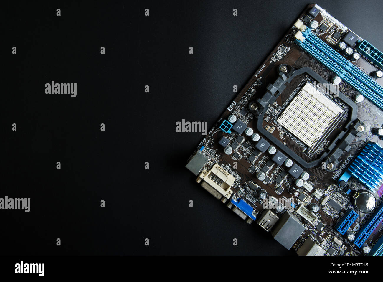 Personal computer motherboard close up on black background with copy ...