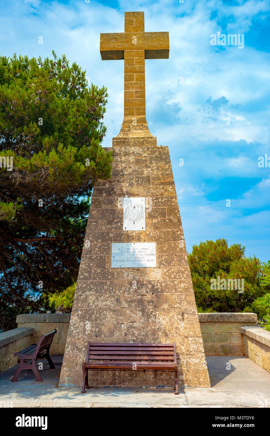 Large masonry cross at Sanctuary of Santa Maria di Leuca. Puglia. Italy ...