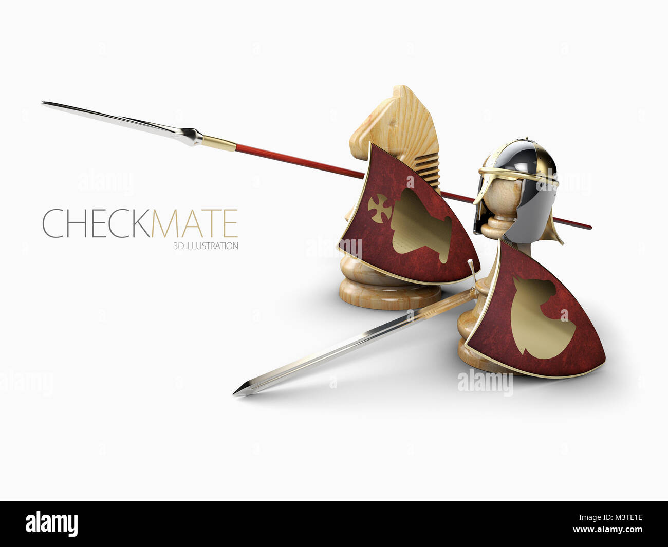 A chess pawn in a knights armor with chess knight, 3d Illustration ...