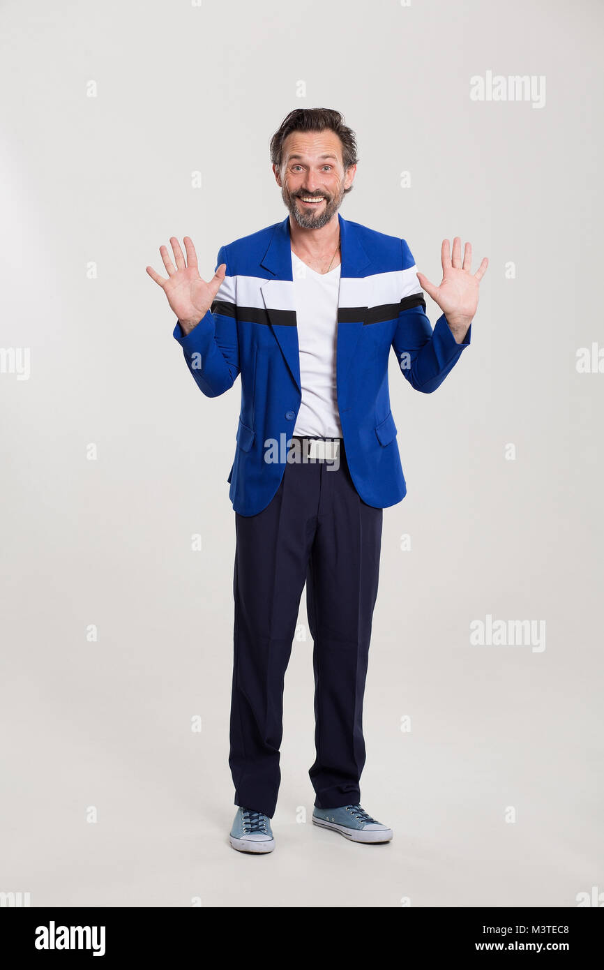 Man raised hands up Stock Photo - Alamy