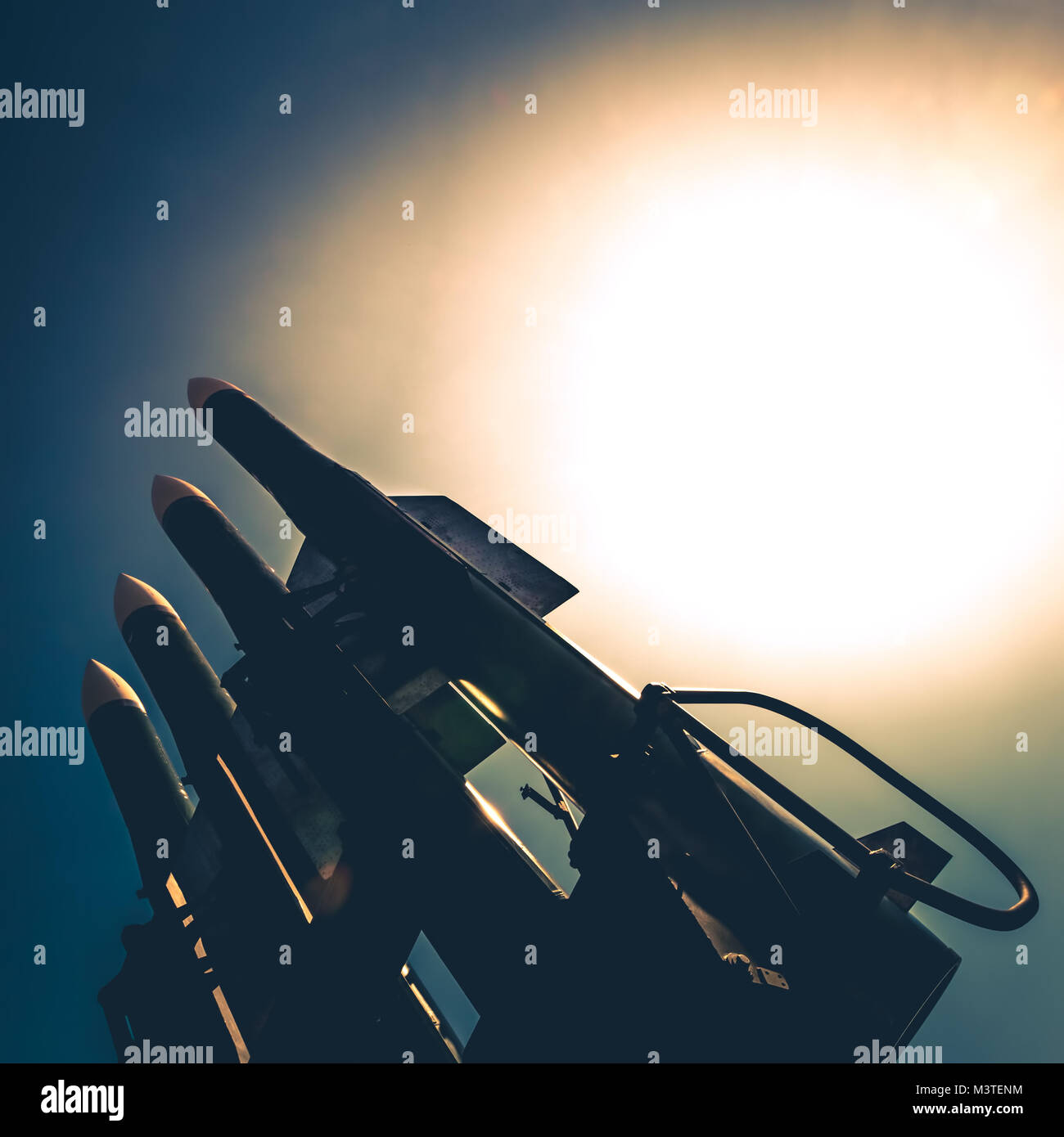 Four rockets of anti-aircraft missile system are directed upwards ...
