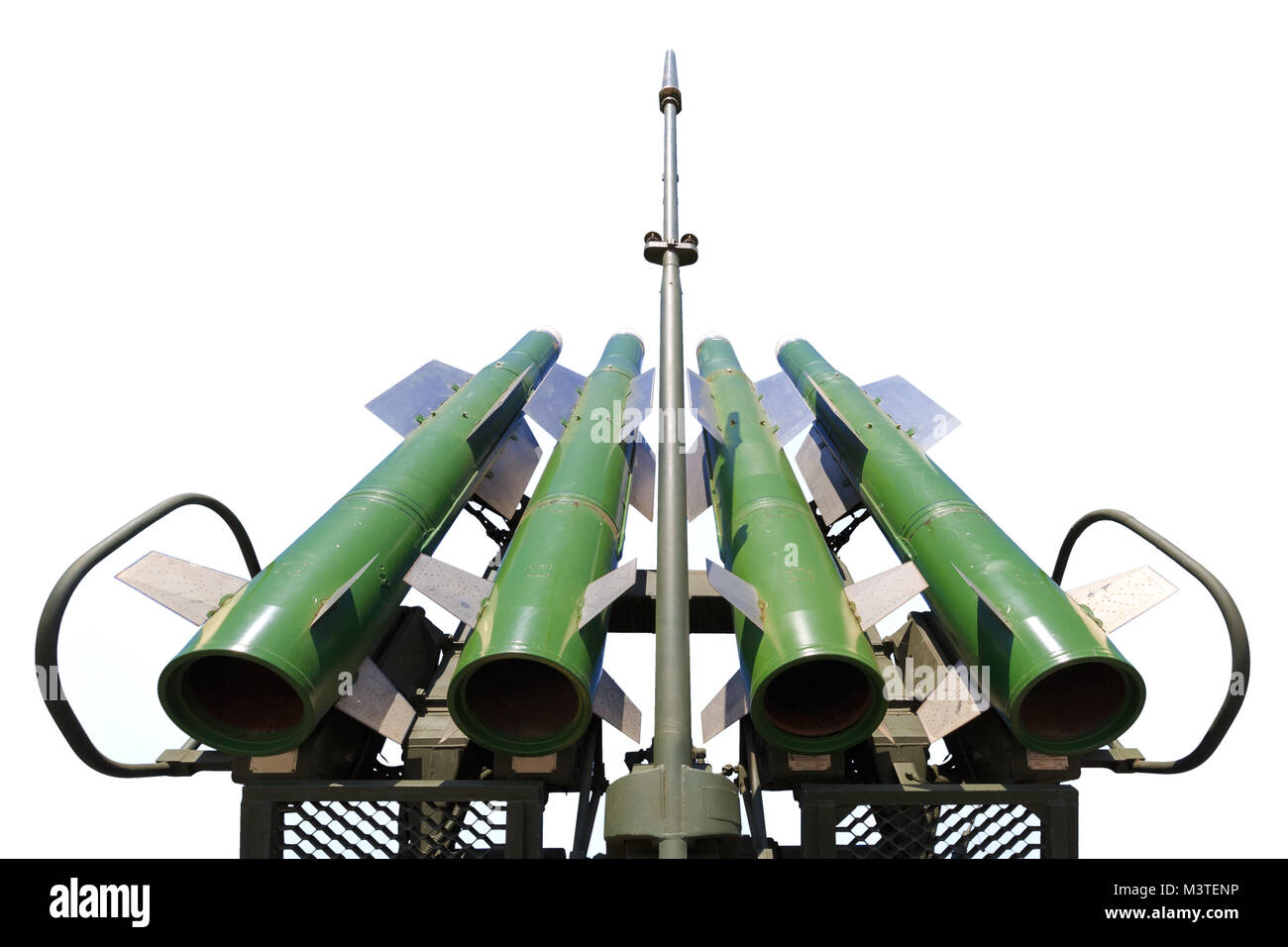 Four missiles of self-propelled system Buk M2 isolated on a white ...