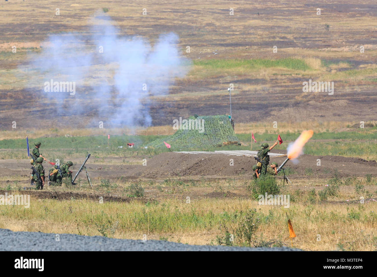 NOVOCHERKASSK, RUSSIA, 26 AUGUST 2017: Mortar detachment is shooting ...