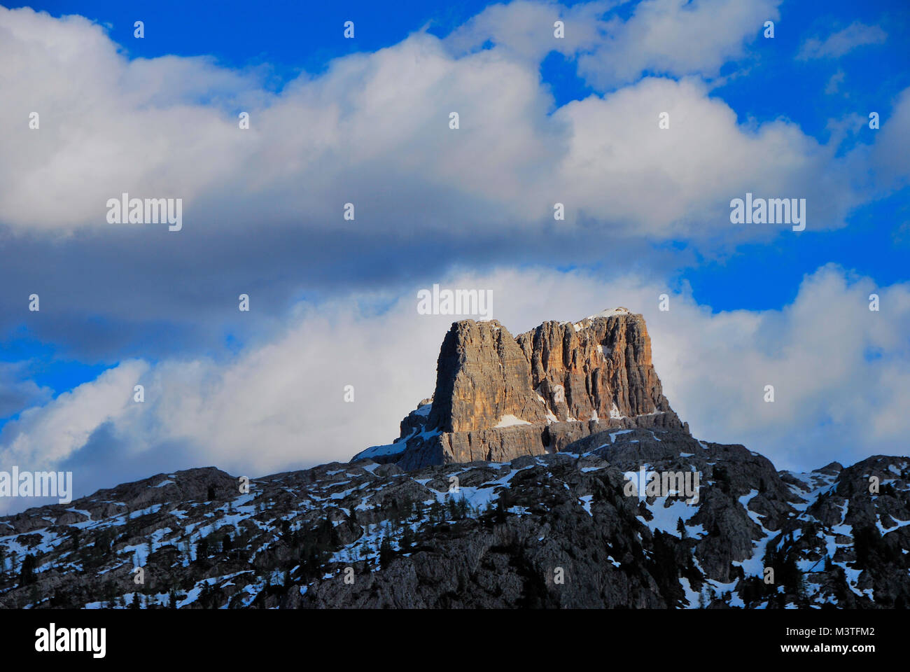 high rock and mountain in the Dolomites in South Tyrol in the summer ...