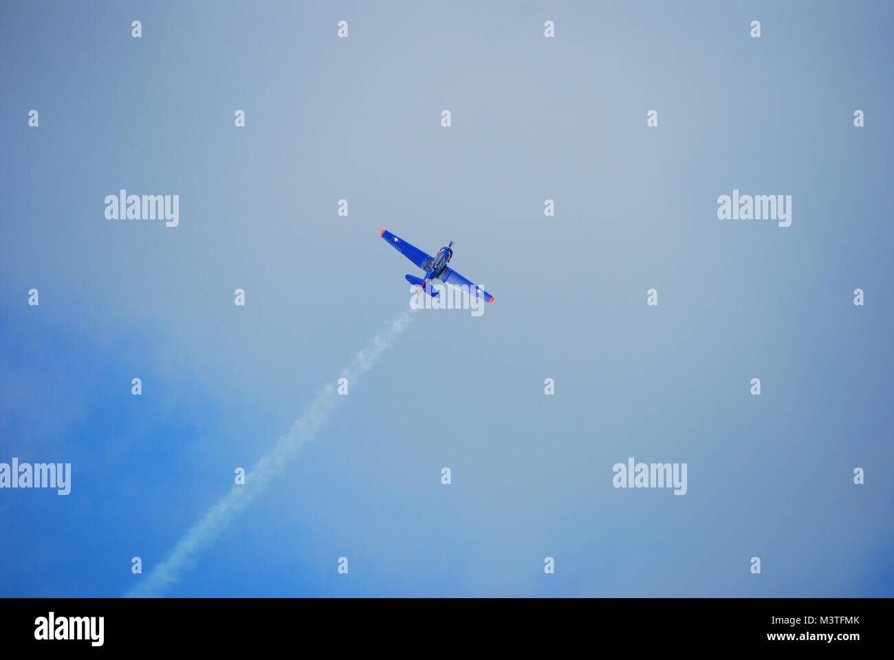 blue airplane flying straight up at a flight show in the summer Stock ...