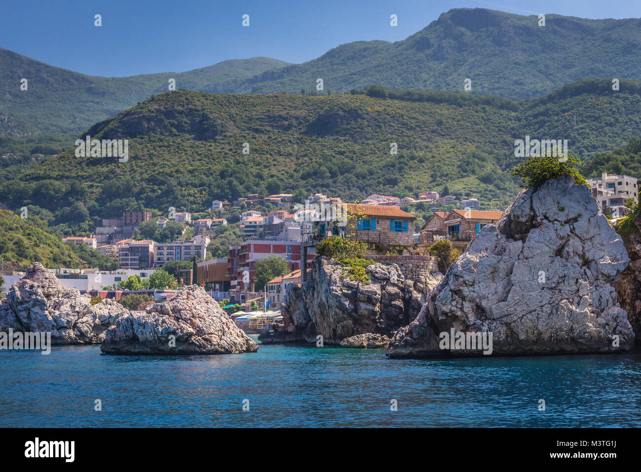 Rocky shore of Przno village in municipality of Budva over Adriatic Sea ...