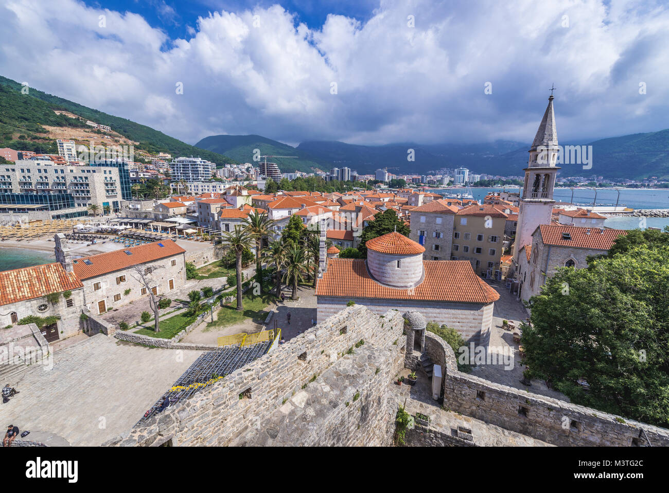 Aerial view from Citadel on the Old Town of Budva on the Adriatic Sea ...
