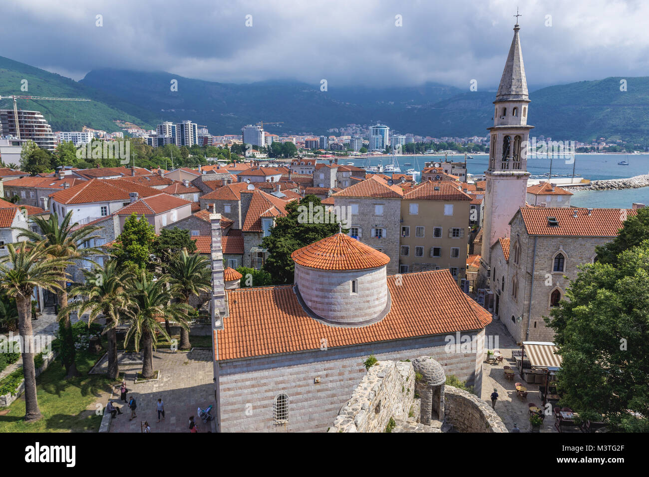 Aerial view from Citadel on the Old Town of Budva on the Adriatic Sea ...