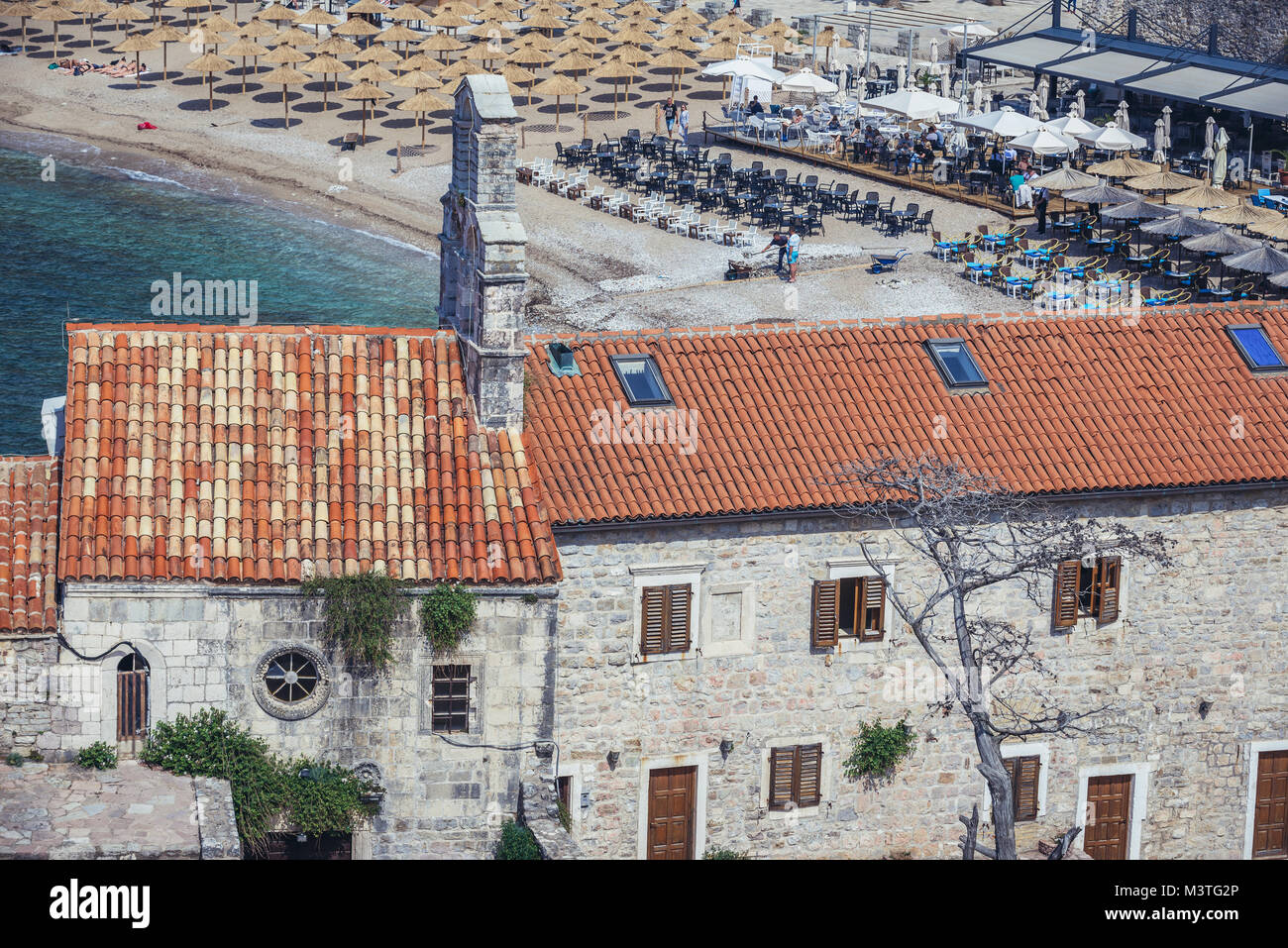Roof of Church of Santa Maria in Punta on the Old Town of Budva city on ...