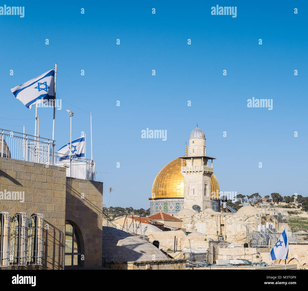 View on Dome of the Rock mosque in Jerusalem and Israeli flags from a ...