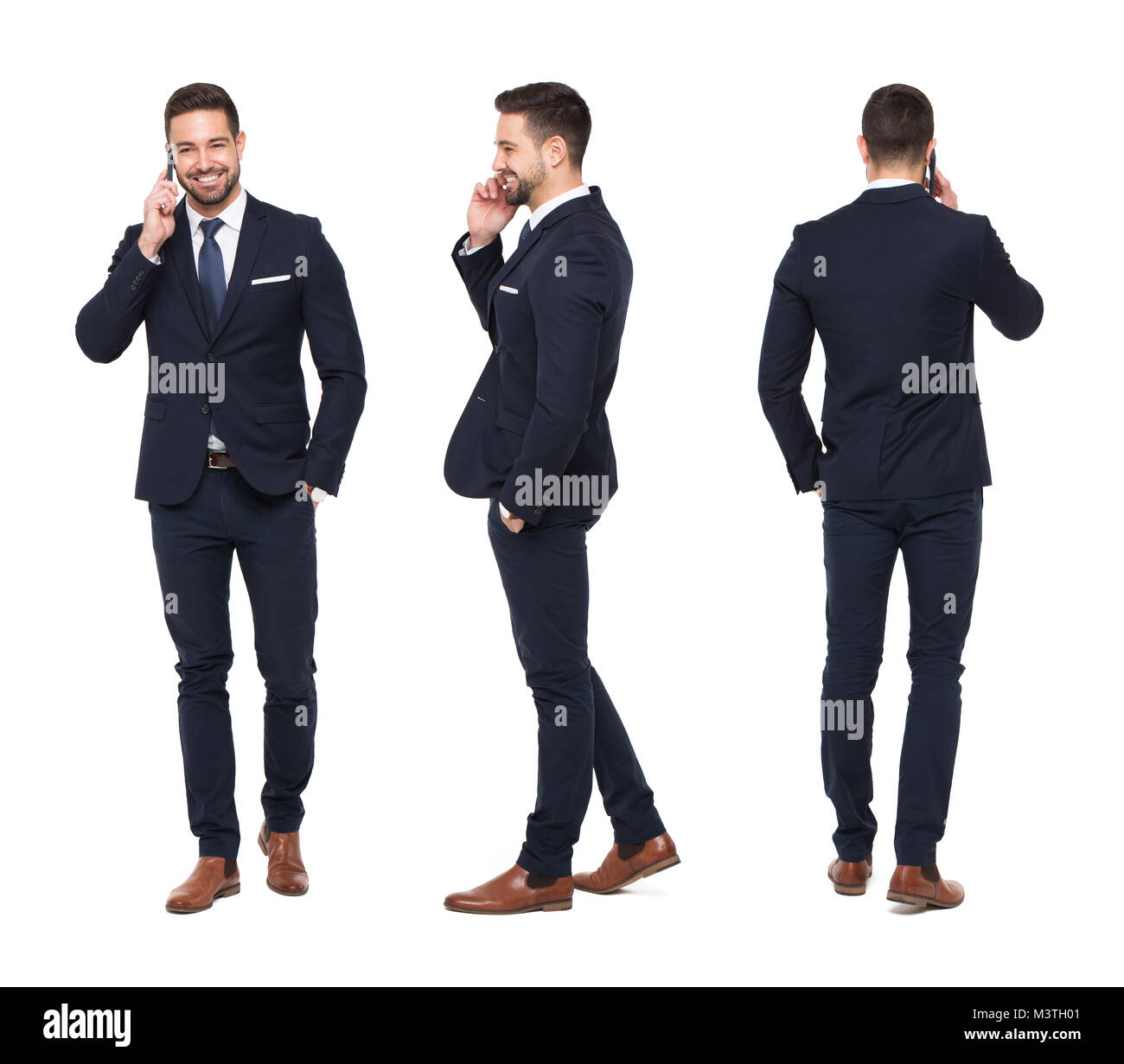 Young caucasian businessman calling front, side, back view, isolated on ...