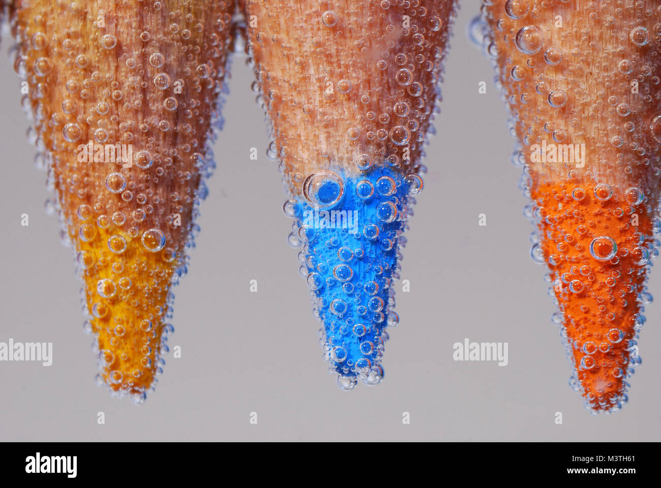 three sharp pencil in the water very close with air bubbles Stock Photo ...