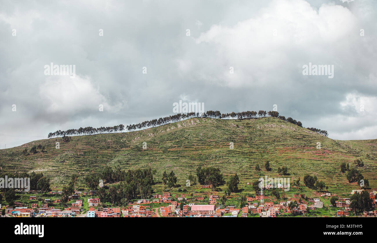 Trees line a lush green hilltop over a small town in on the shores of ...