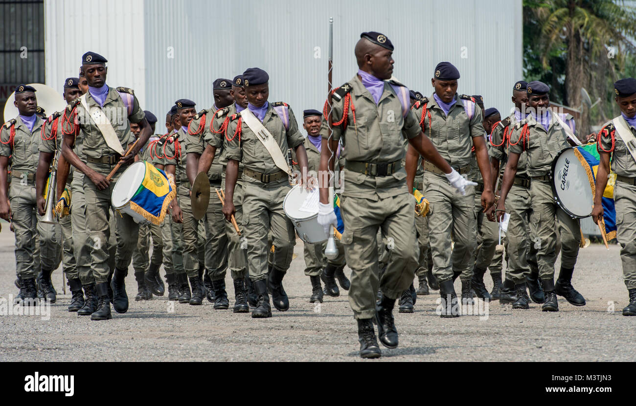 Military band members from Gabon Africa march on the flightline in ...