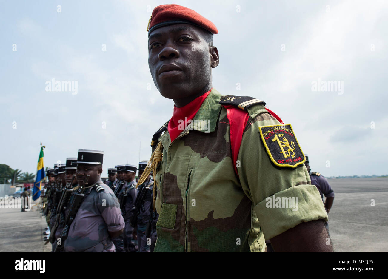 A Gabonese Armed Forces Parachutist stands in formation during the ...