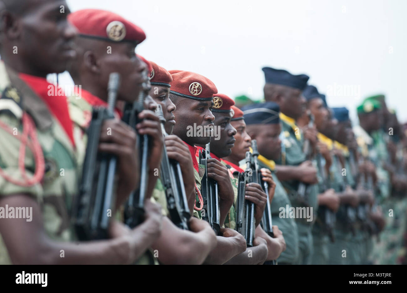 Military members from the Gabonese Armed Forces stand in formation ...