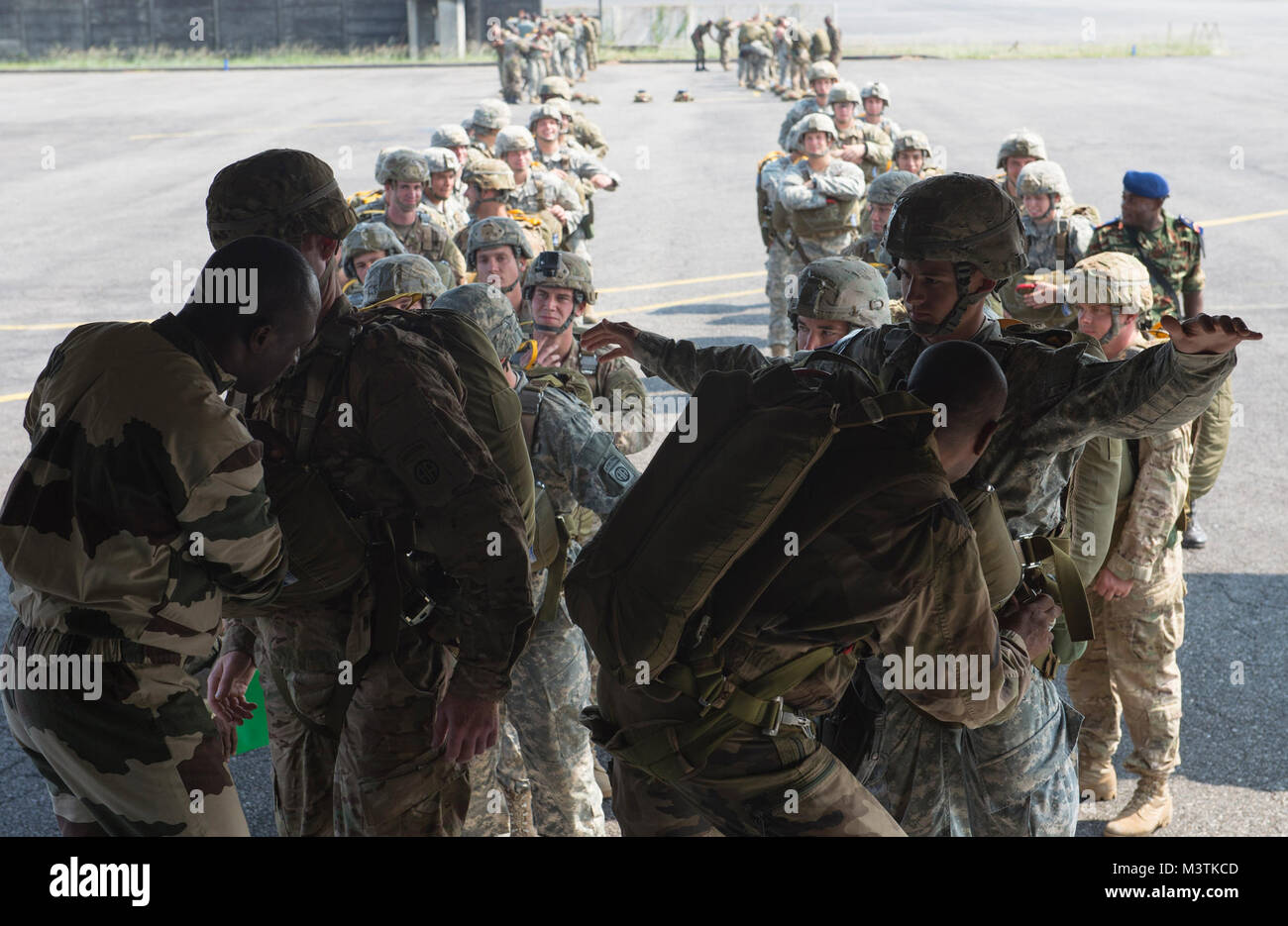 Gabonese Armed Force’s jumpmasters check the parachutes of U.S. Army ...