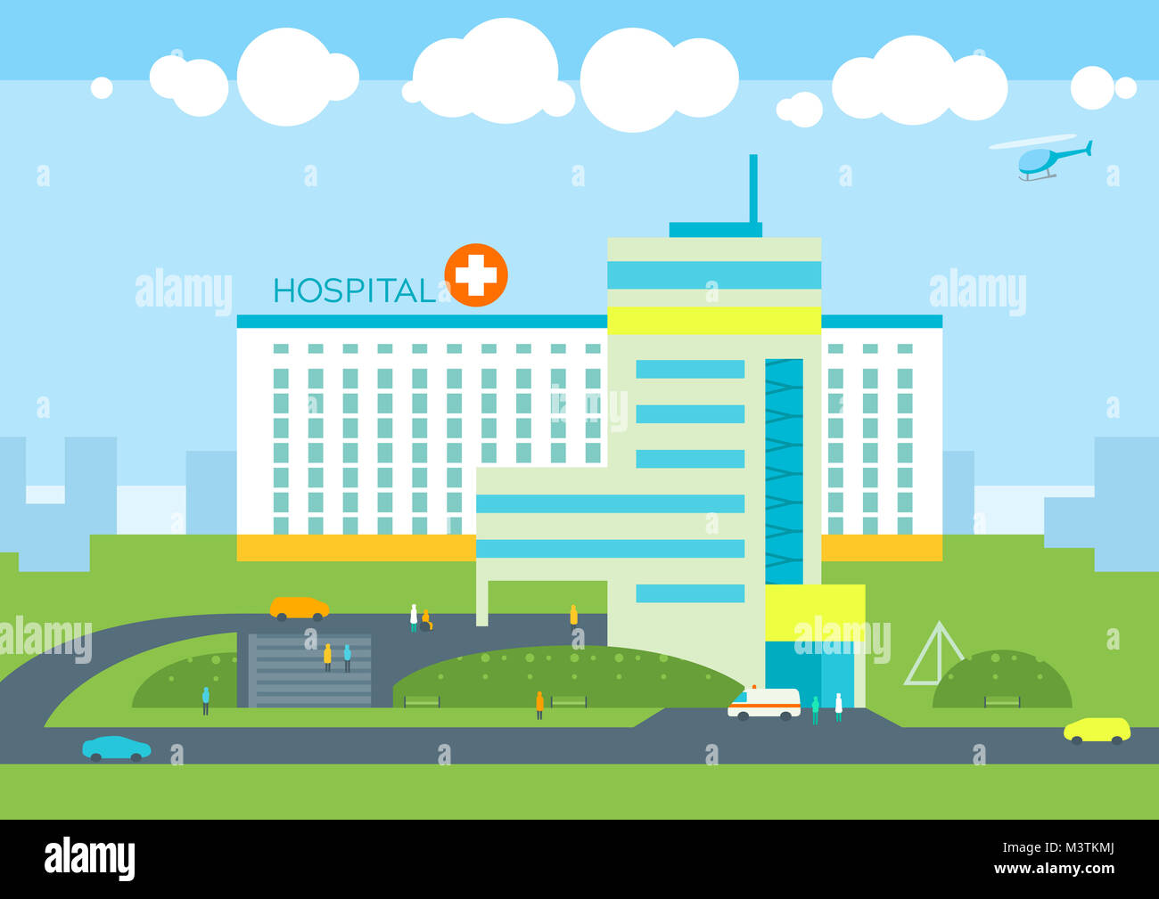 Hospital building, doctors patients clinic, ambulance car and ...