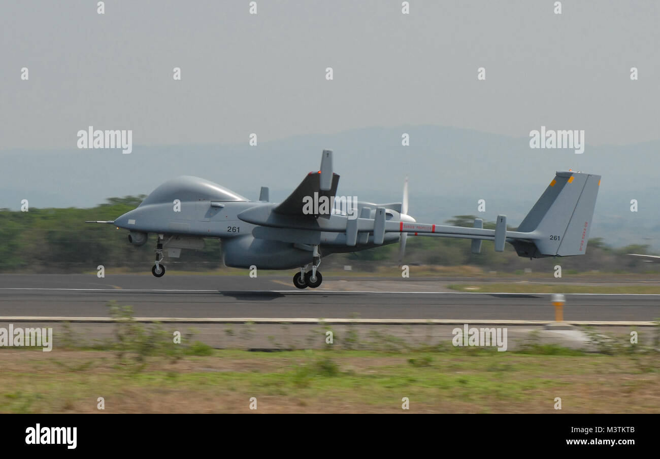 The Heron Unmanned Air Vehicle (UAV) takes off from the Comalapa ...