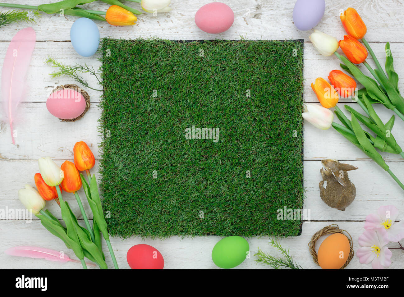 Table top view shot of decorations Happy Easter holiday background ...